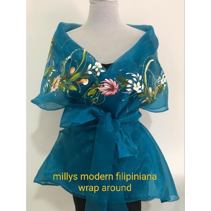 Blue green handpaint millys modern filpiniana wrap around balabal ...