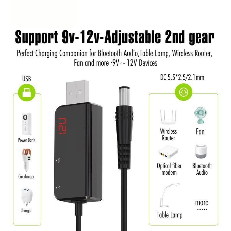 DC 5V to 9V 12V USB Cable WiFi to Powerbank Connector Boost Converter ...