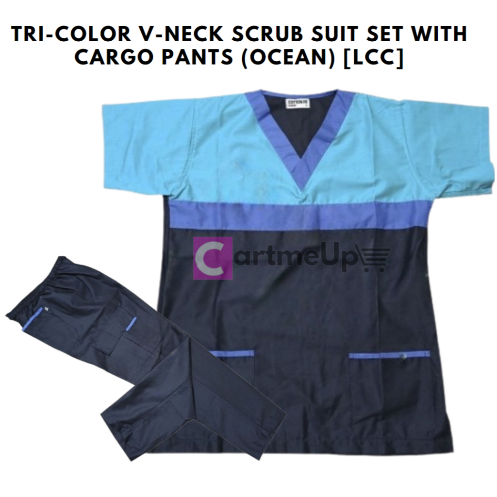(ALL-Z) Tri-Color V-Neck Scrub Suit Set with Cargo Pants (Ocean) [LCC ...