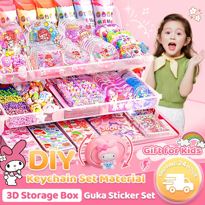 Guka DIY Keychain Set Material Customized Sticker Cute Key Chain Pink ...