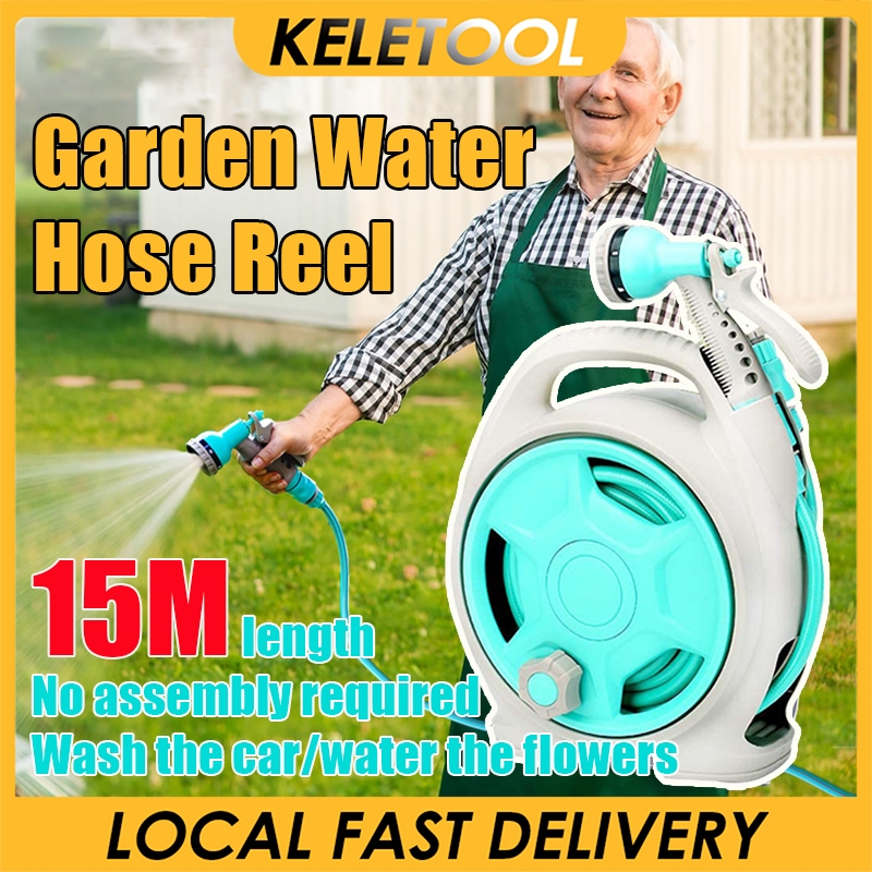 Portable Garden Pipe Handheld Hose Reel Cart With Water Spray Gun Set ...