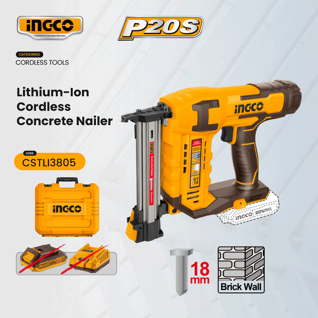 Ingco 20V Lithium-Ion Cordless Concrete Nailer for Cement Wall Concrete ...