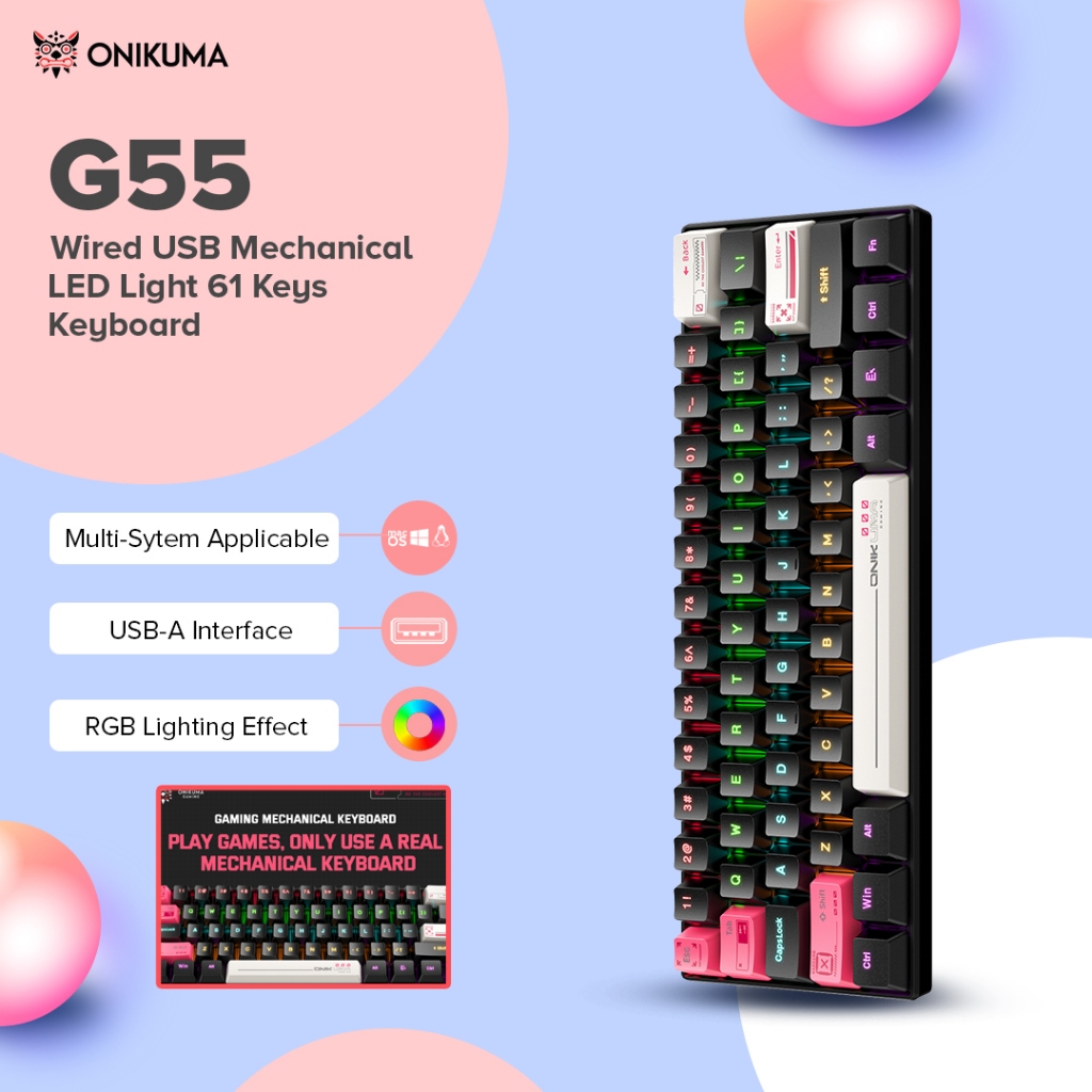 Onikuma G55 Wired Mechanical Gaming Keyboard 61 Keys RGB Lights USB ...