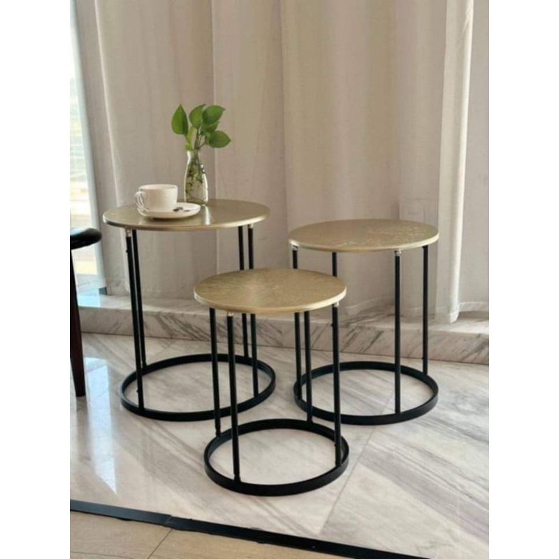 Hstex.Home Side table Metal Gold Set of 3 Coffee table/Black Marble top ...