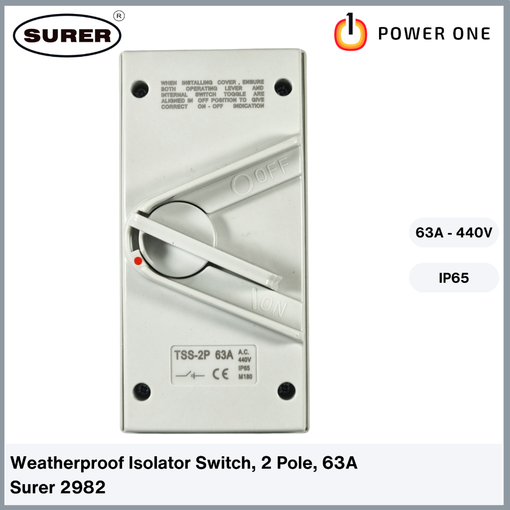 Surer 2982 Weatherproof Isolator Switch, 2 Pole, 63A, IP65 (2980 Series ...