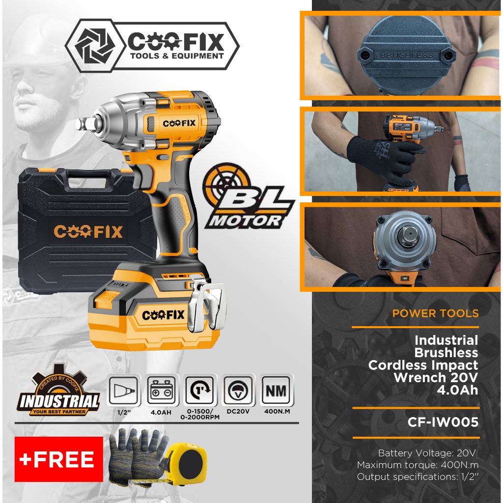 COOFIX German Technology Industrial Brushless Cordless Impact Wrench 20V 4.0 Ah CF-IW005 ...
