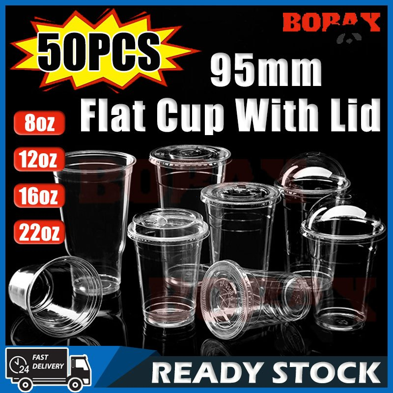 【50pcs】Milk Tea Cup Plastic Cups With Lid Cover Disposable 95mm 12oz ...