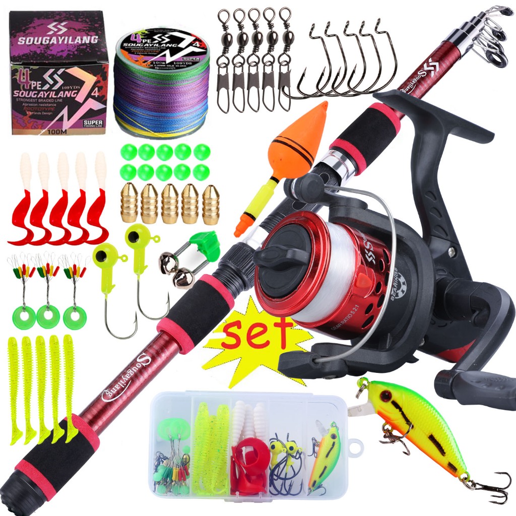 Full Set Portable 1.8M Spinning Fishing Rod Set Rod Reel Line Lure ...