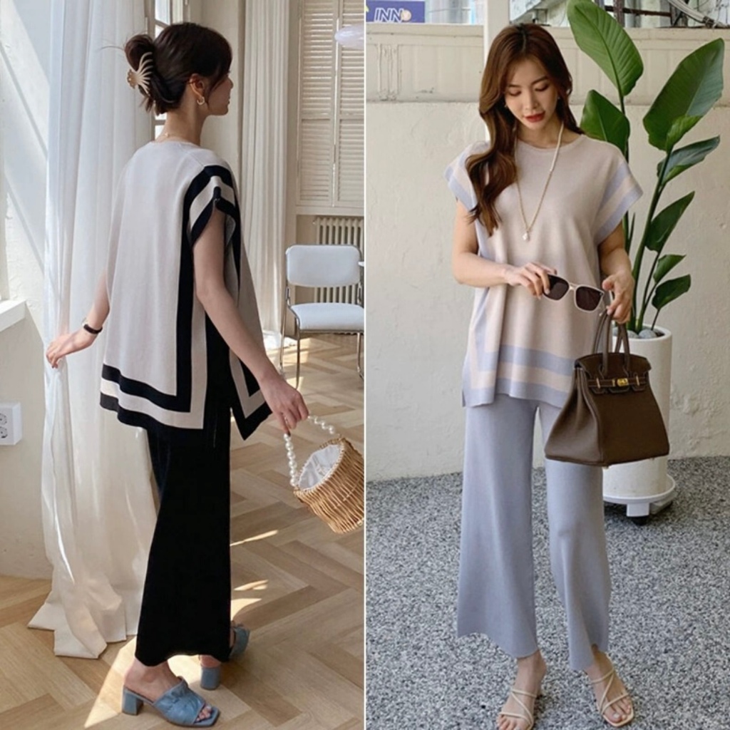 Miss M Side Slit Loose Top & Wide Leg Garter Pants Oversize Knitted ...