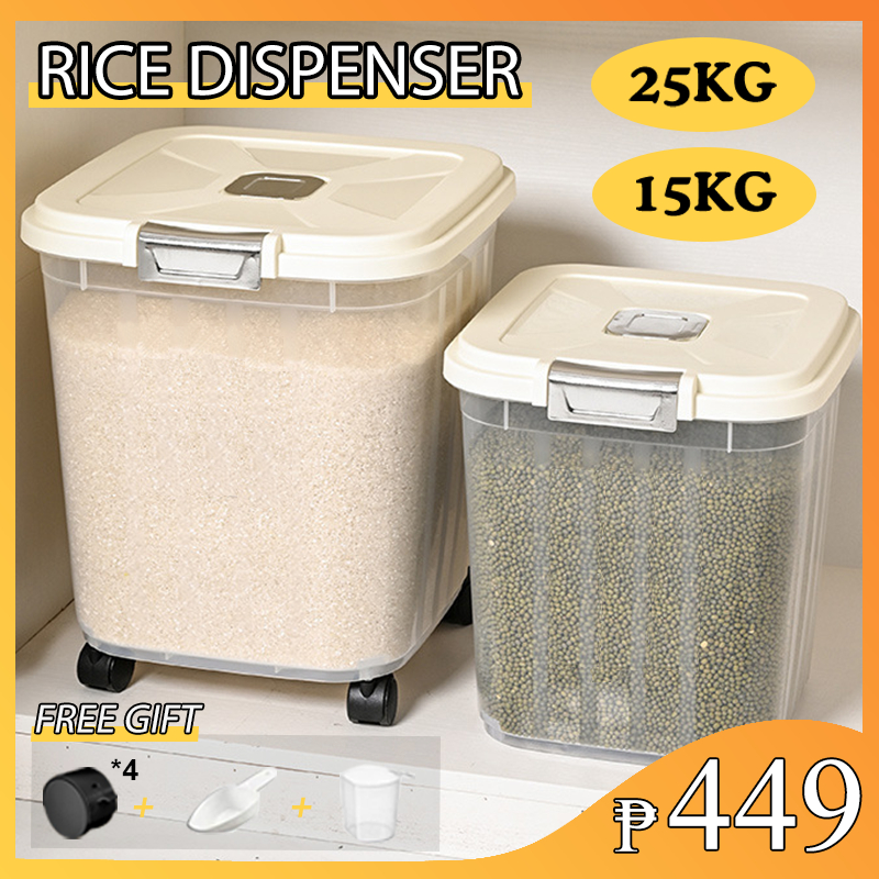 Rice Dispenser 25kg Rice Storage Container Bucket with Wheel Dog Cat ...