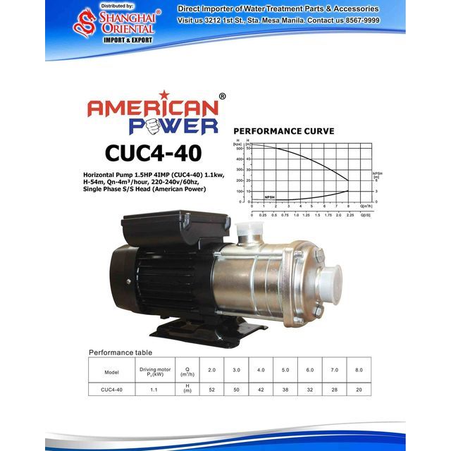 Horizontal Pump 1.5HP 4IMP (CUC4-40) 1.1kw, H-54m, Qn-4m³/hour, 220 ...