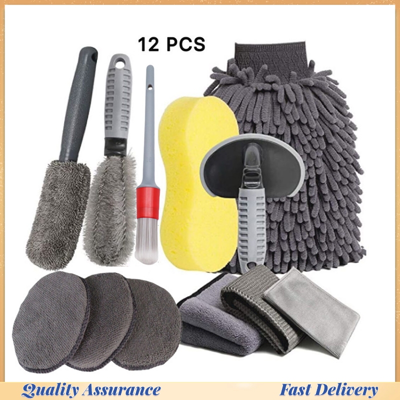 12pcs Car Wash Cleaning Kit Microfiber Soft Sponge Tire Brush Terry ...