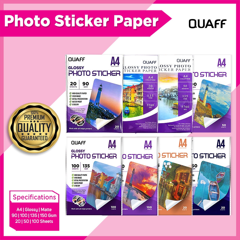 QUAFF Photo Sticker A4 size (90gsm / 135gsm) (20-50-100 sheets per pack ...