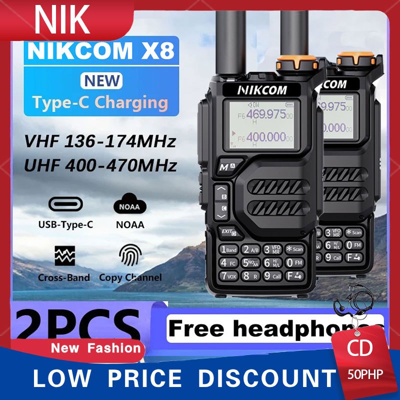 2PCS NIKCOM X8 Walkie Talkie 10W Portable Type-C Charging Two Way Radio 20KM VHF UHF Long Range ...