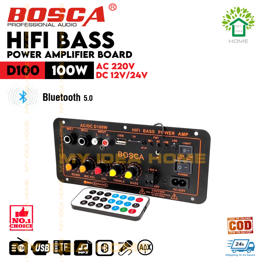 Bosca 100W HIFI Bass Power Amplifier Board AC220V DC12V/24V Dual Mic ...