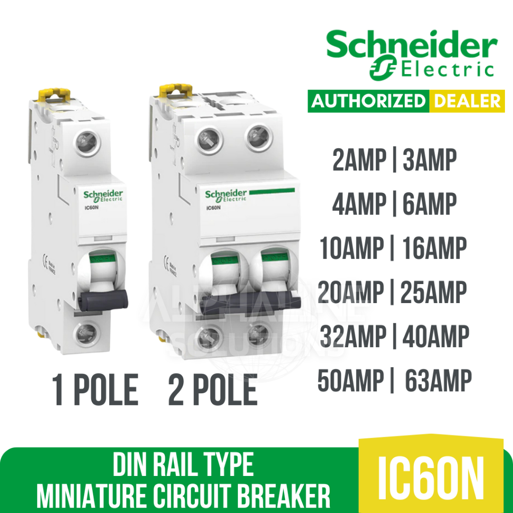 Schneider IC60N Miniature Circuit Breaker 1 and 2 pole 2A 3A 4A 6A 10A 16A 20A 25A 32A 40A 50A ...