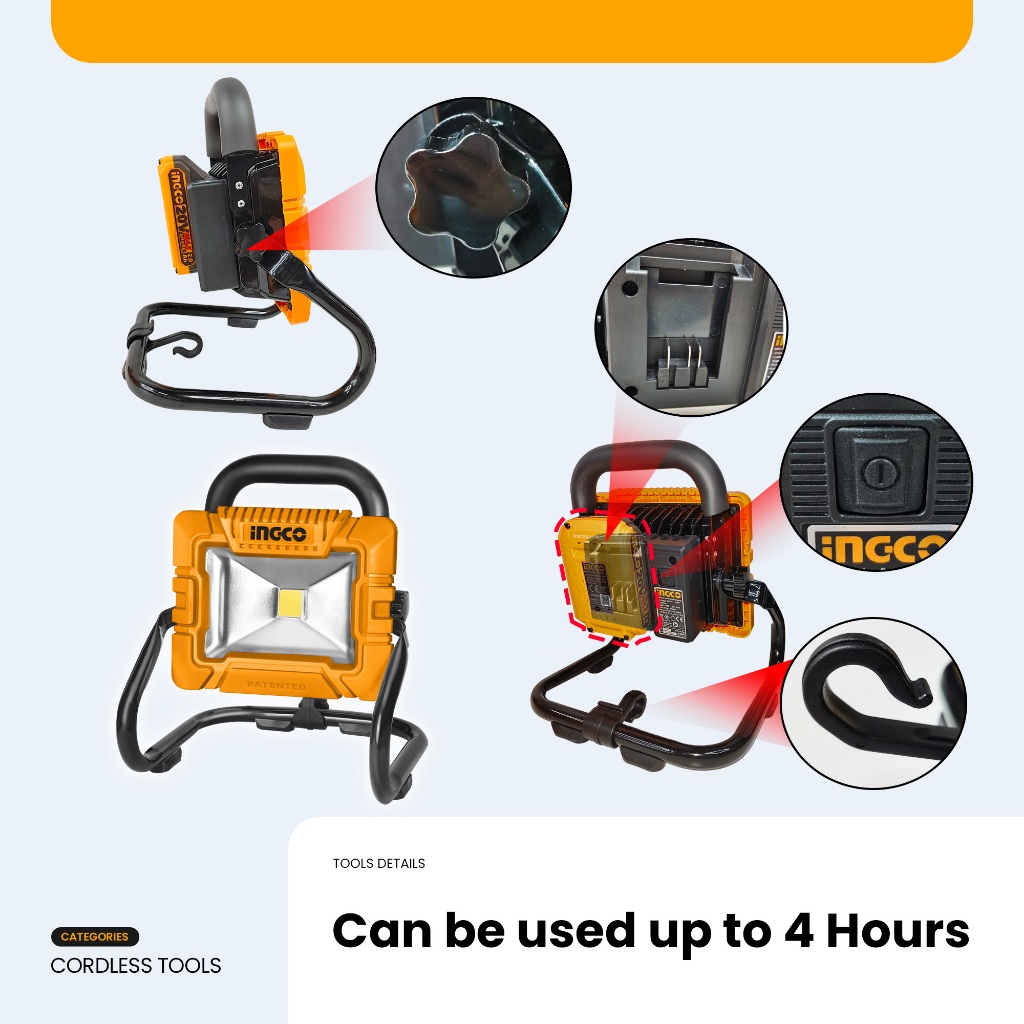 Ingco 20V Lithium-Ion Cordless Work Lamp Flashlight P20S CWLI2025 ...