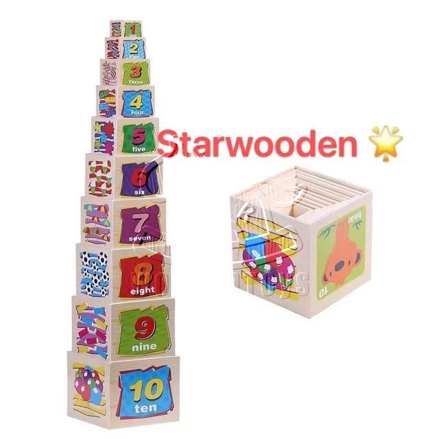 10-Pieces Wooden Nesting and Stacking Blocks Sorting Cups Numbers ...
