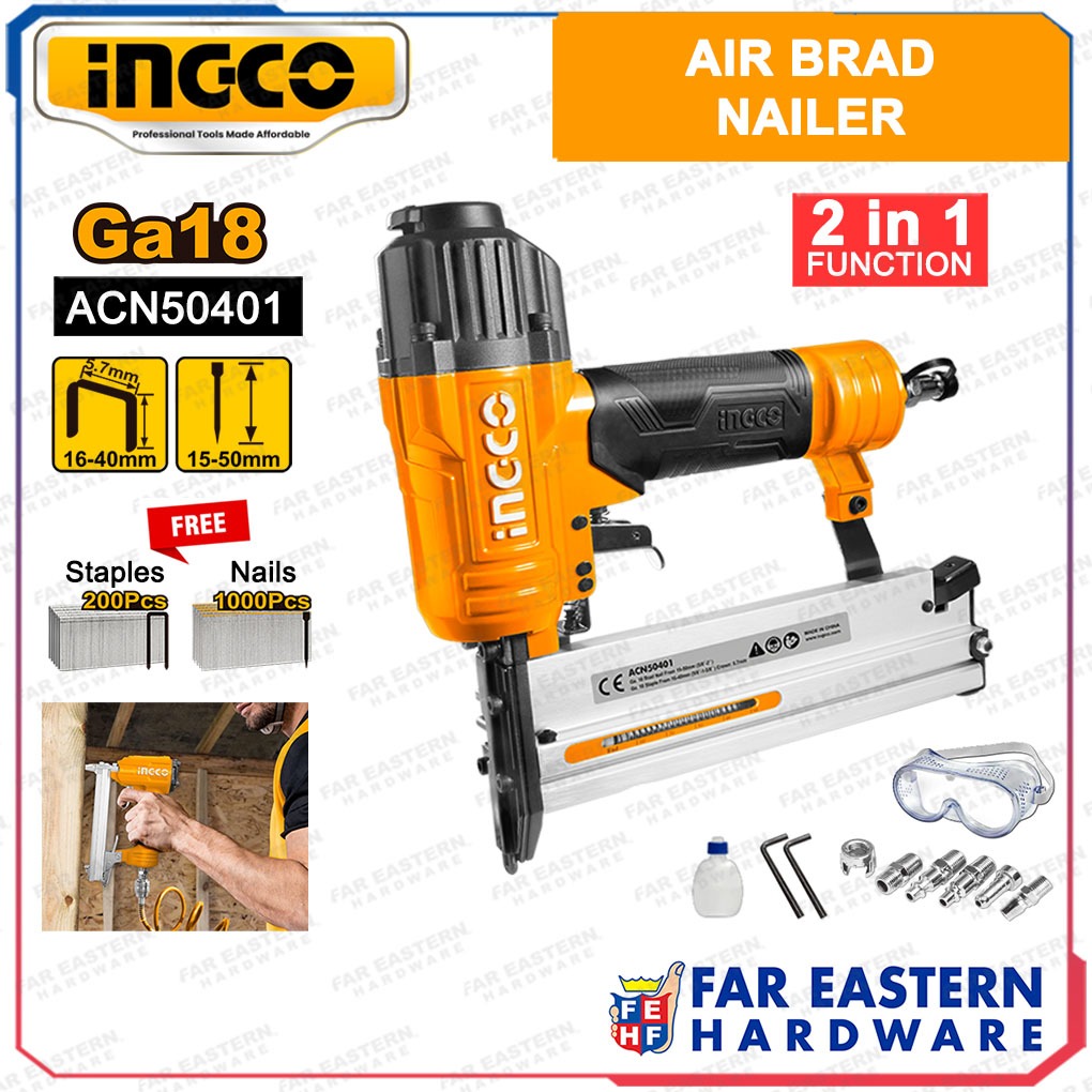 INGCO Pneumatic Air 2 in 1 Brad Nail Nailer Staple Gun Combo GA18 ...