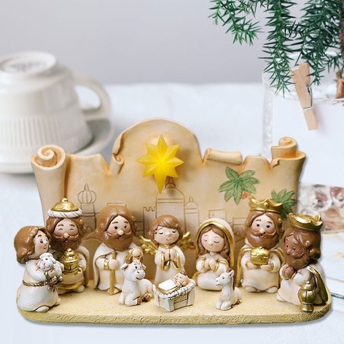 Christmas Belen Holy Family Resin Statue Nativity With Light Xmas ...
