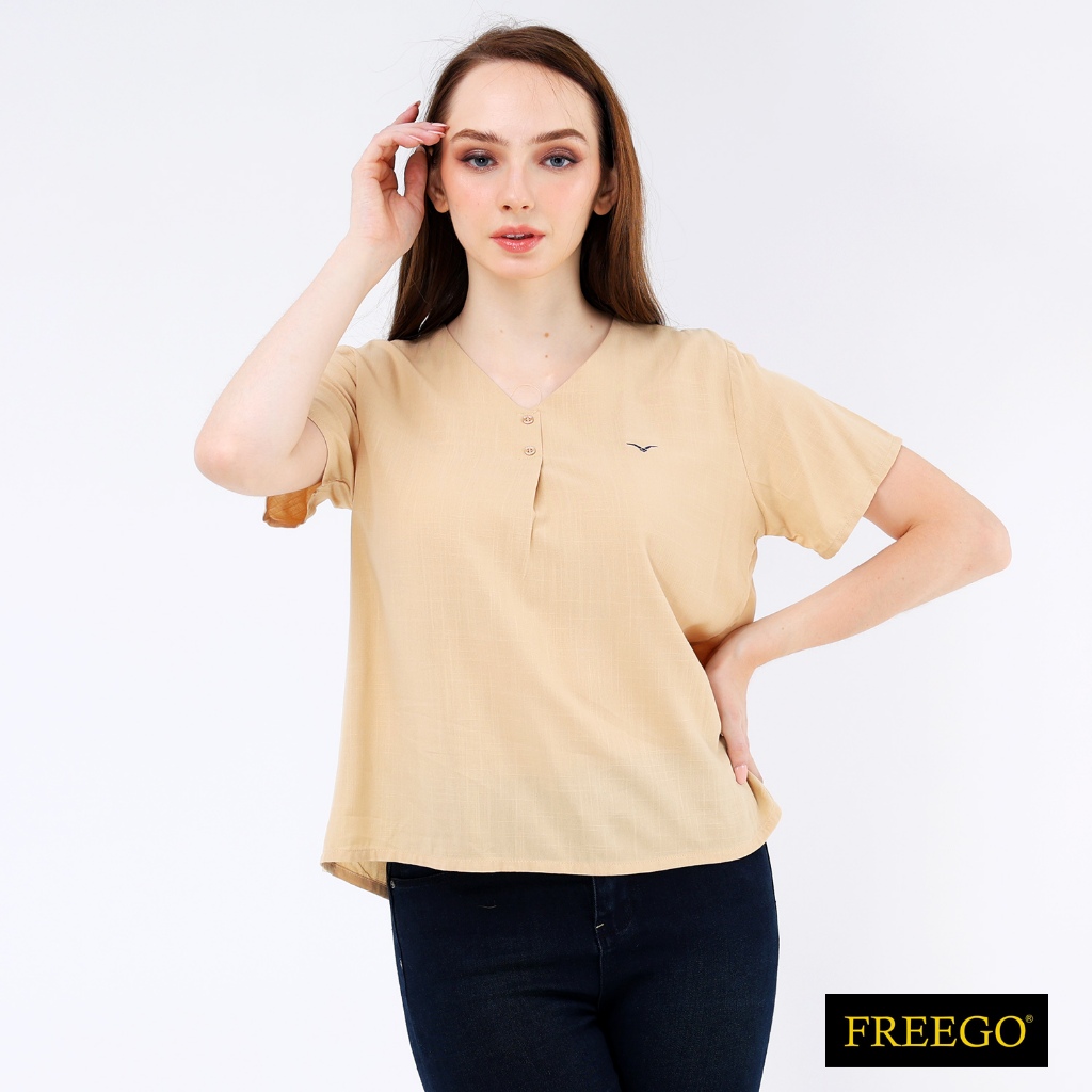Freego Ladies Woven Plain Soft Linen Short Sleeve Blouse AST04-0270 ...