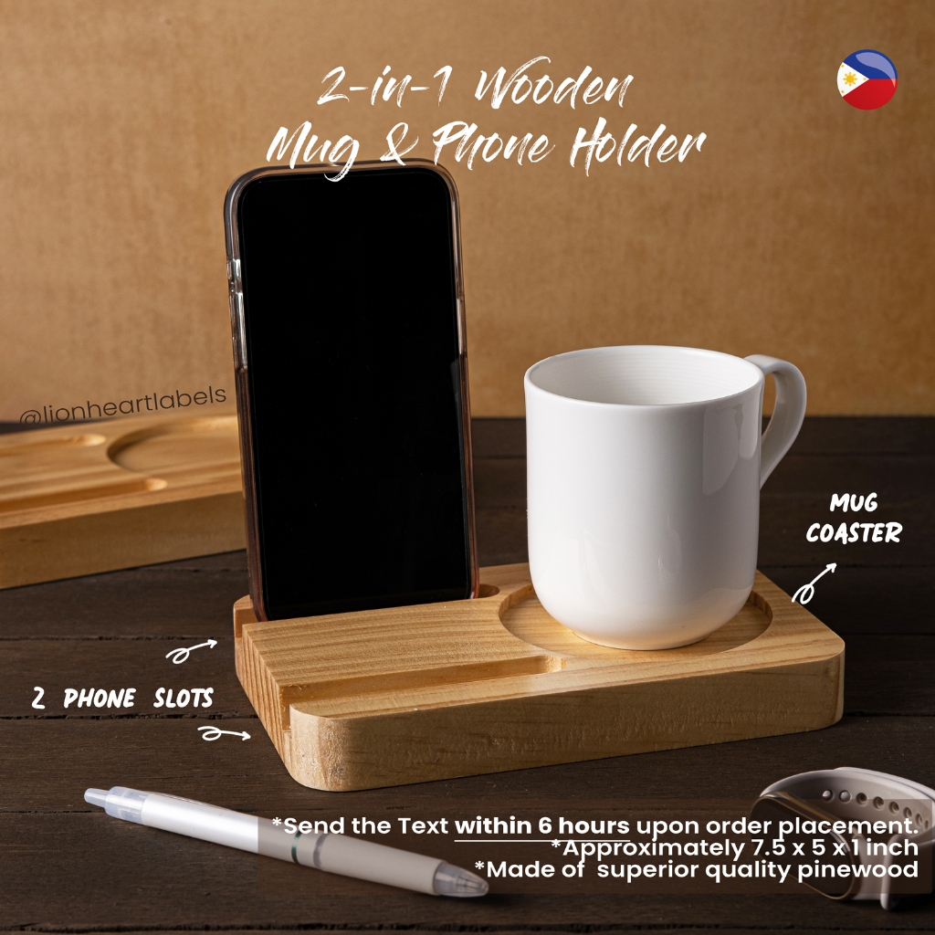 Personalized 2-in-1 Wooden Mug Coaster & Phone Holder Cellphone Mobile ...
