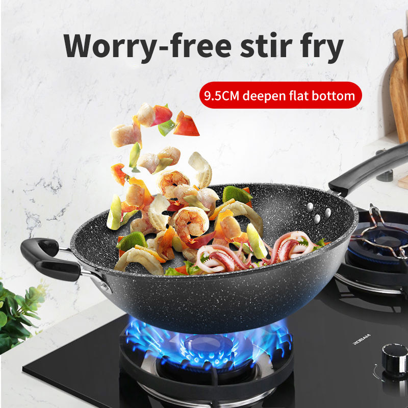 Multi-Functional Non-Stick Deep Frying Pan Double Hnadle Wok Pan High ...