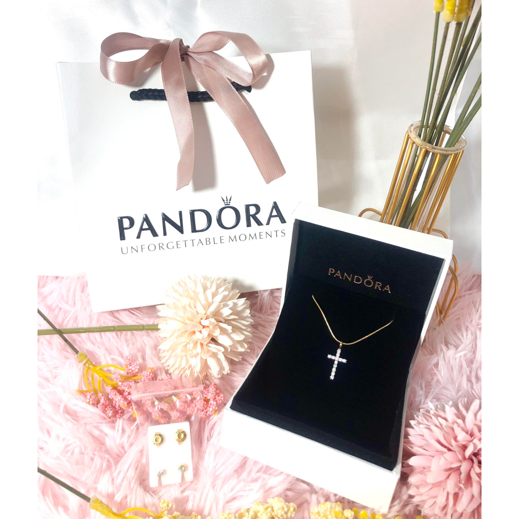 Pandora Diamond Cross Necklace with Box and Earrings Gold Necklace ...