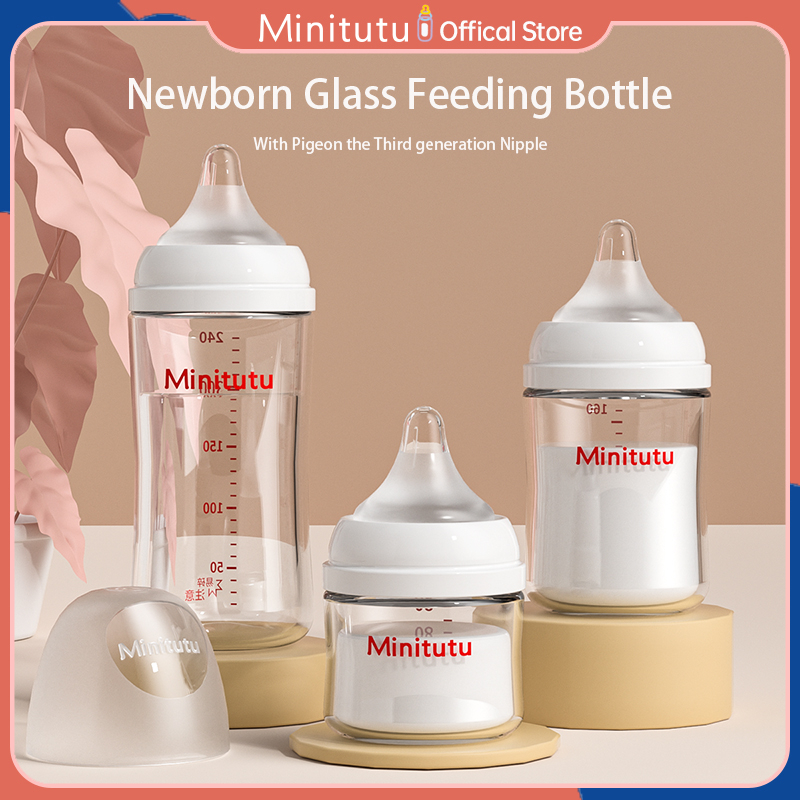 Minitutu Glass Feeding Bottle Wide Neck Newborn Straight ArcFor 0~6+ Months Anti-colic BPA Free ...