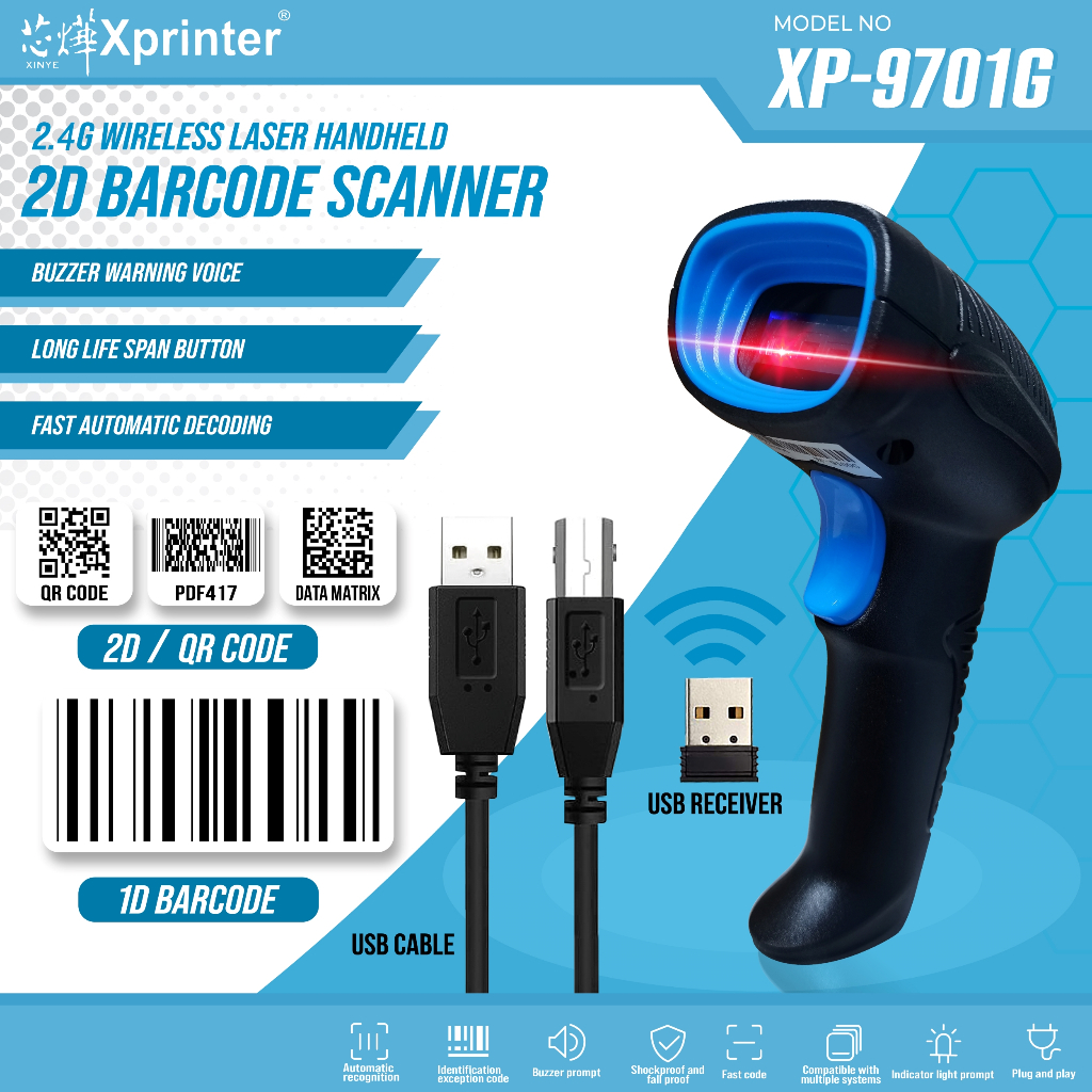 XPrinter XP-9701G Portable Wireless 2D Barcode Scanner Reader 2.4G with ...