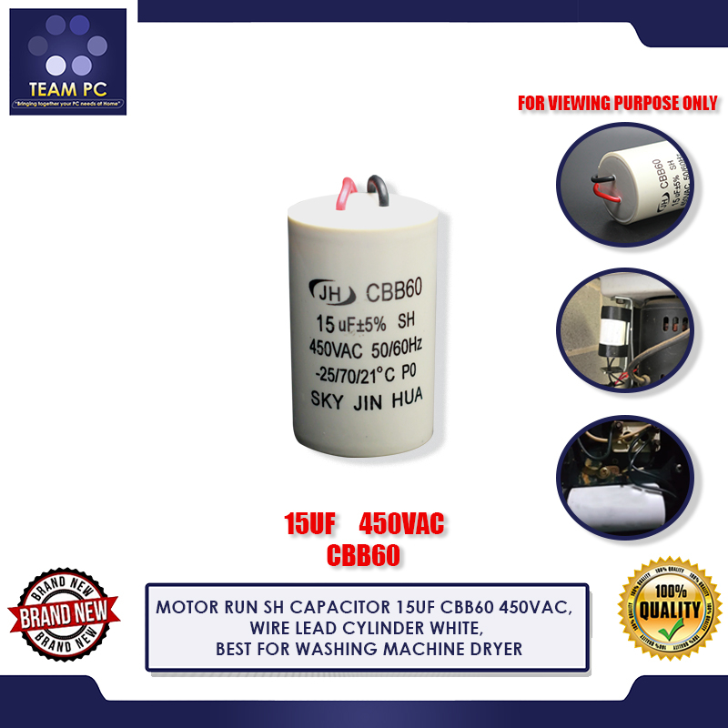 MOTOR RUN SH CAPACITOR 15UF CBB60 450VAC, WIRE LEAD CYLINDER WHITE ...