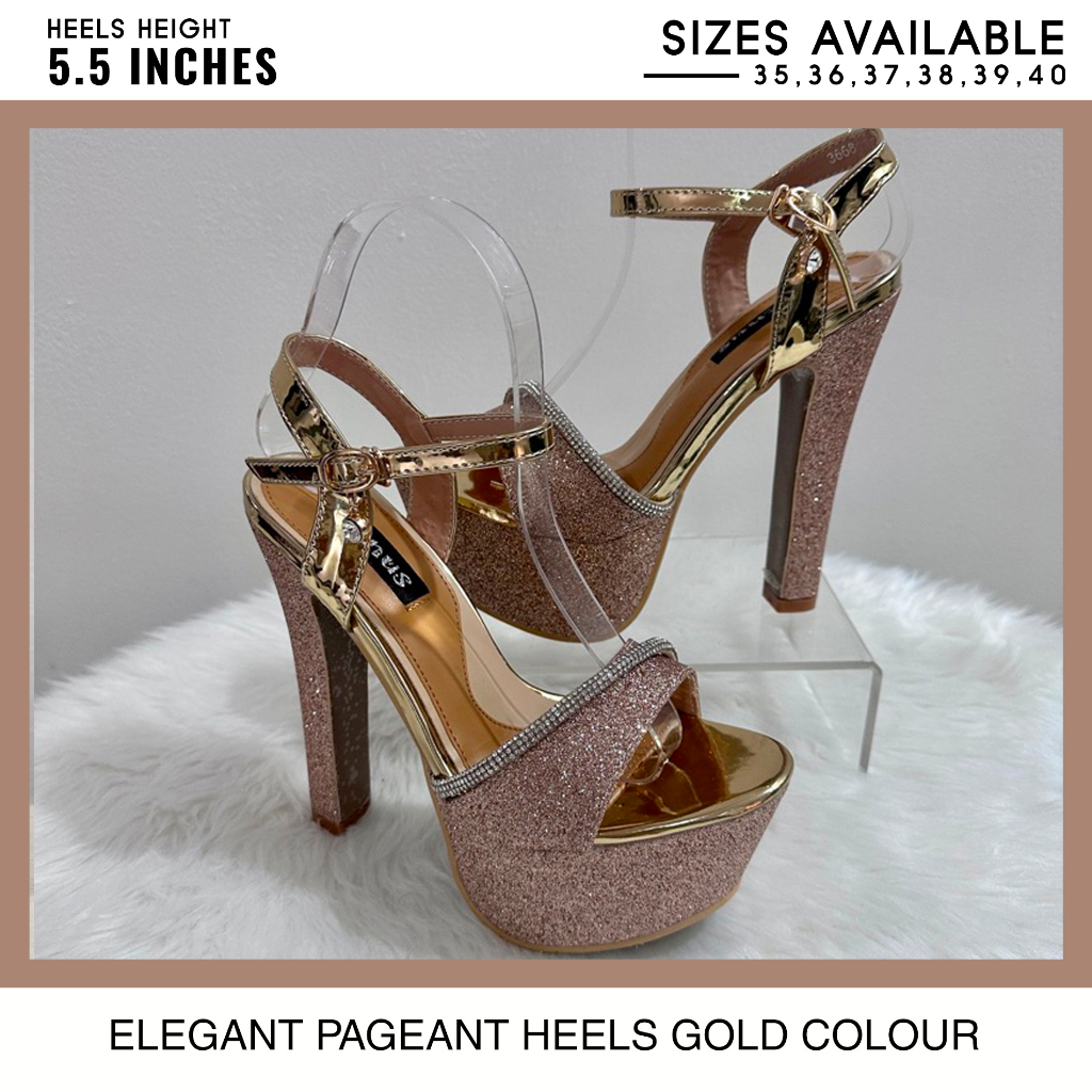 ELEGANT COMFY PAGEANT HIGH HEELS GOLDEN 5.5 INCHES | Shopee Philippines