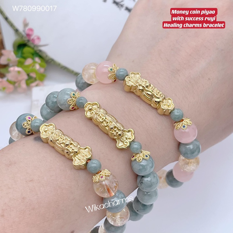(wikacharms) money coin pixiu with success ruyi jade/citrine/rosequartz healing charms bracelet ...