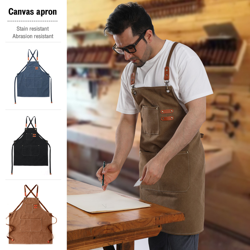 Thick canvas apron, barista kitchen catering work apron overalls ...