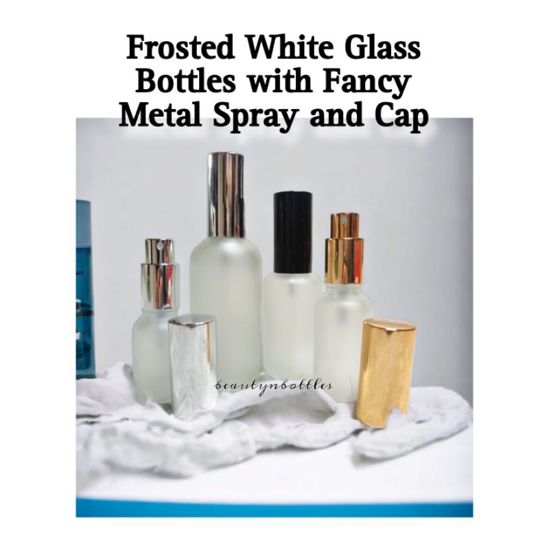 Frosted White Glass Bottles with Fancy Metal Spray and Cap | Shopee ...