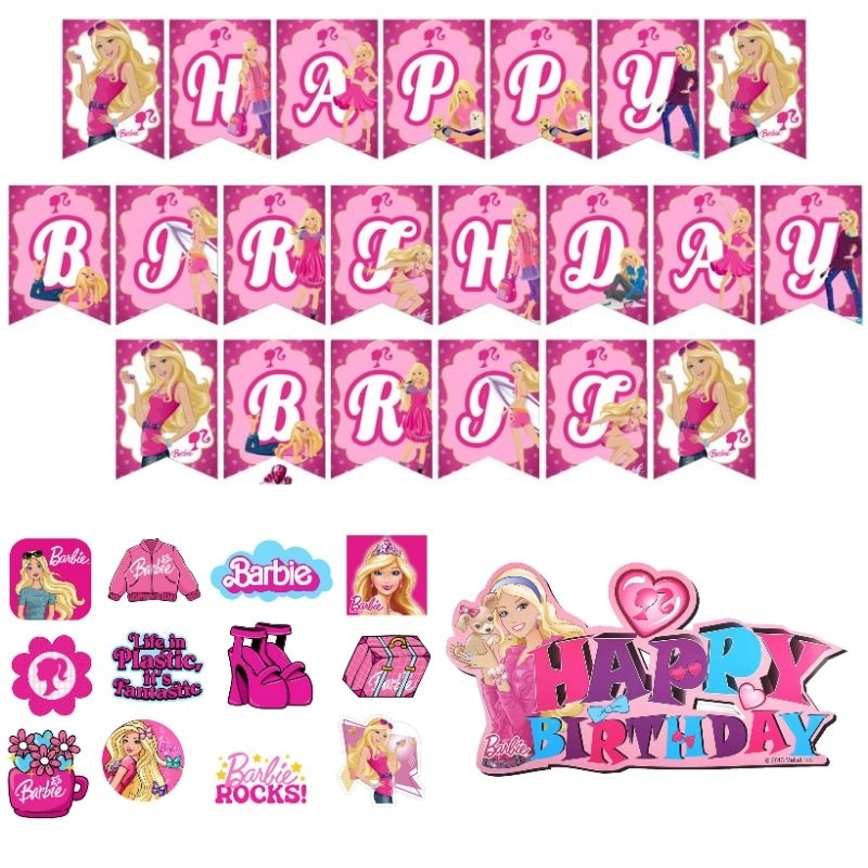 Barbie Theme Birthday Party Banner Cupcake Cake Topper Decoration ...