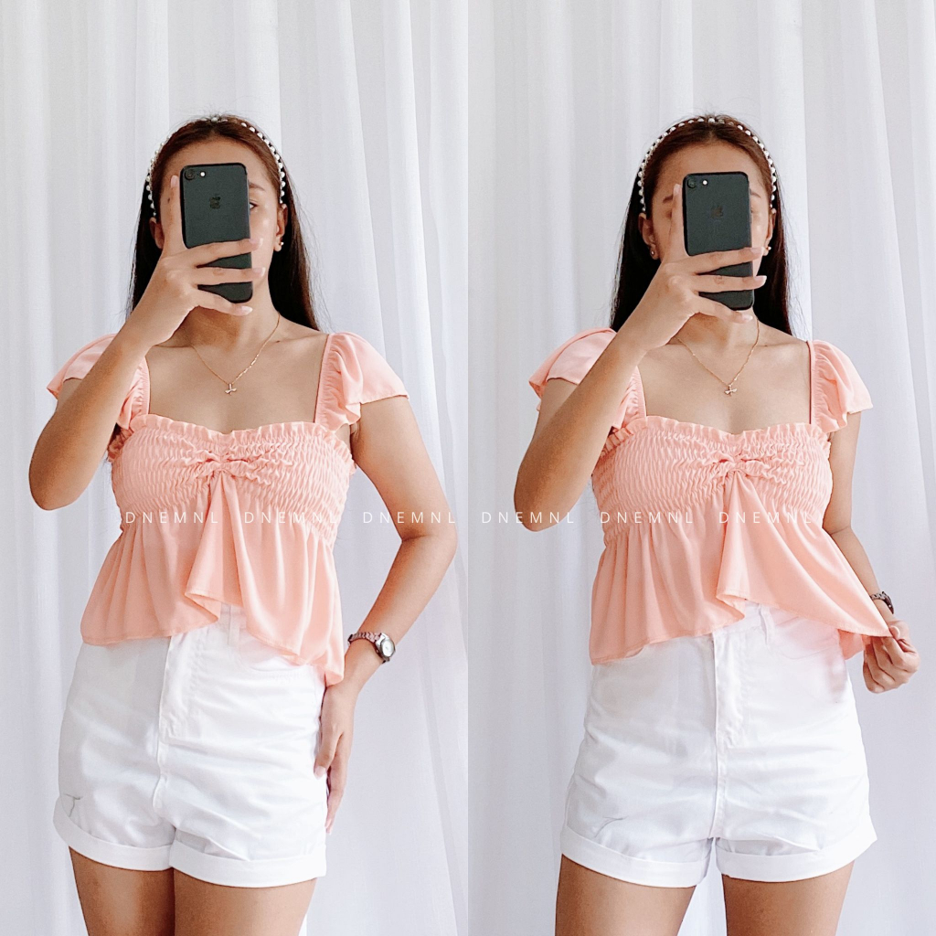 Dnemnlph Butterfly Smocked Crop Top Trendy Korean Inspired Fashion