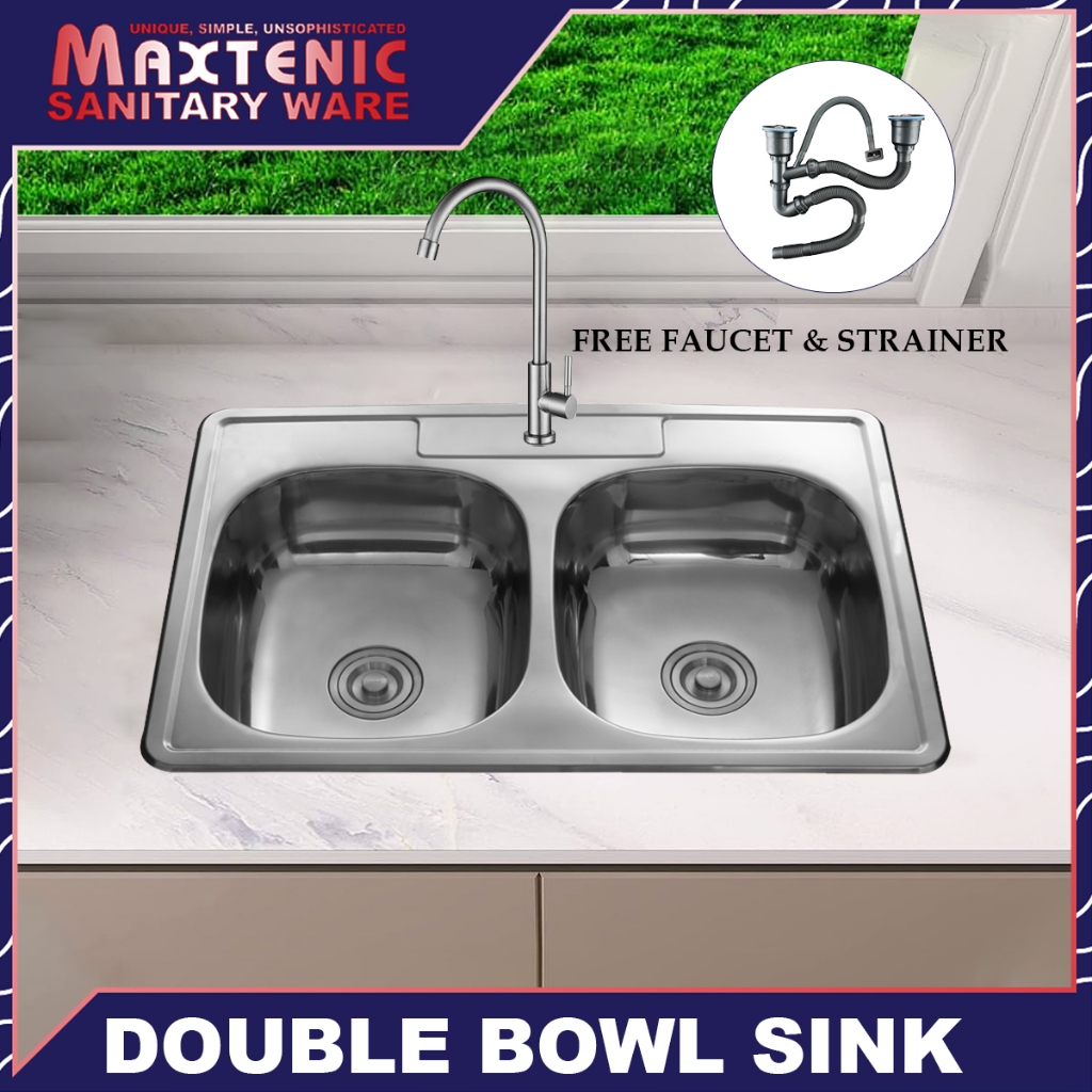 SUS 304 STAINLESS DOUBLE BOWL KITCHEN SINK WITH DRAINER | Shopee Philippines