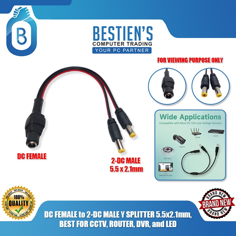 DC FEMALE to 2-DC MALE Y SPLITTER 5.5x2.1mm, BEST FOR CCTV, ROUTER, DVR ...