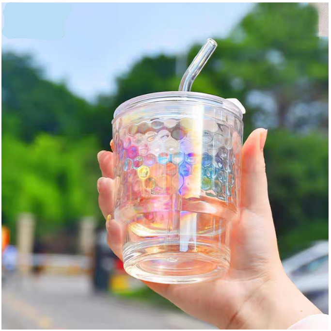 Transparent Bubble Tea Cup 420ml Glass Cup With Lid and Straw Juice ...