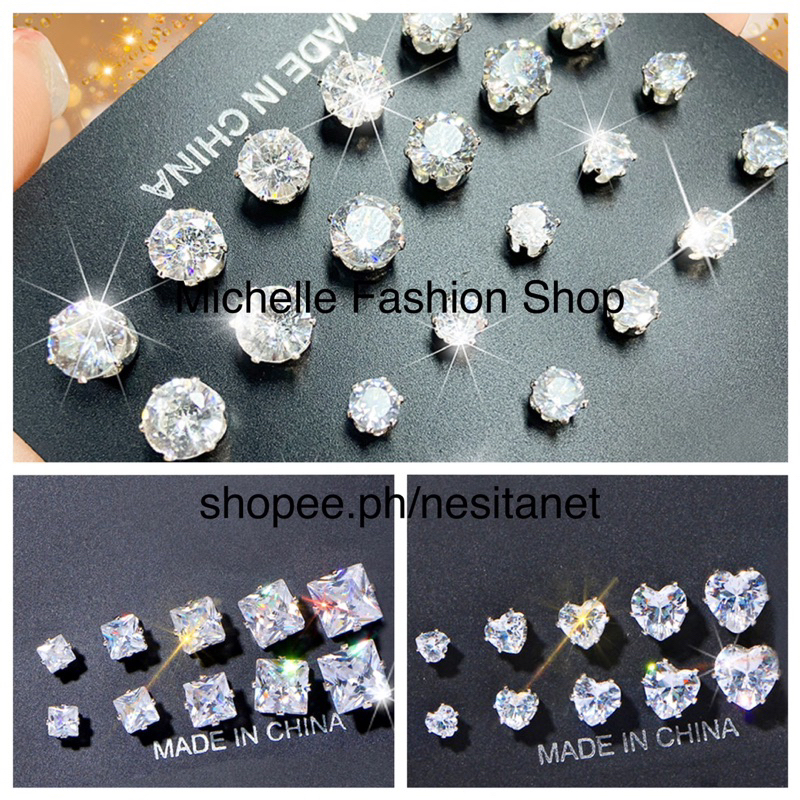 12Pairs/pad White Cubic Zirconia Heart/Round/Square Earrings Set Women ...