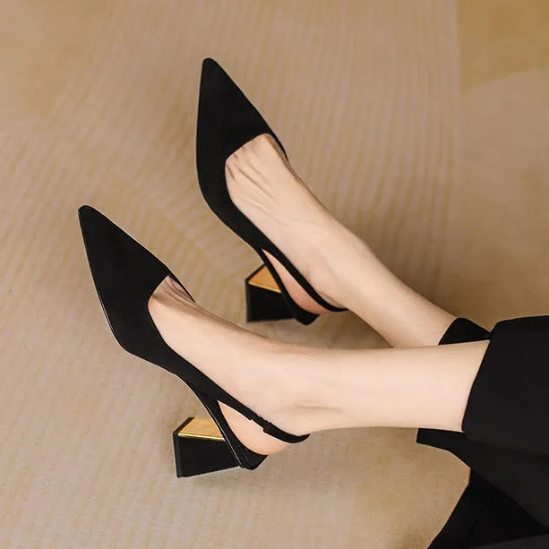 Pointed toe slingback high heels for women chunky heel close sandals ...