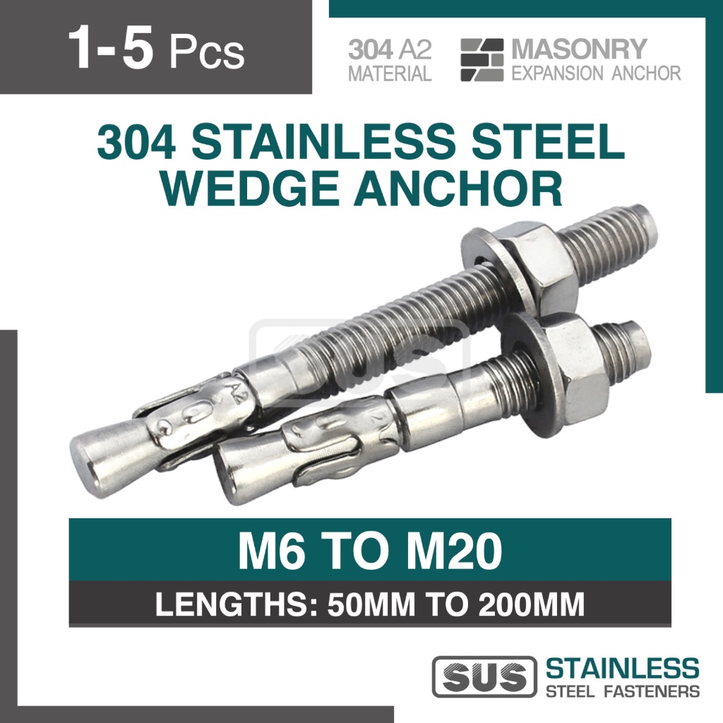 1-5pc SS304 Stainless Steel Wedge Anchor / SS Thru Bolt / Expansion Bolt (M6 M8 M10 M12 M16 M20 ...