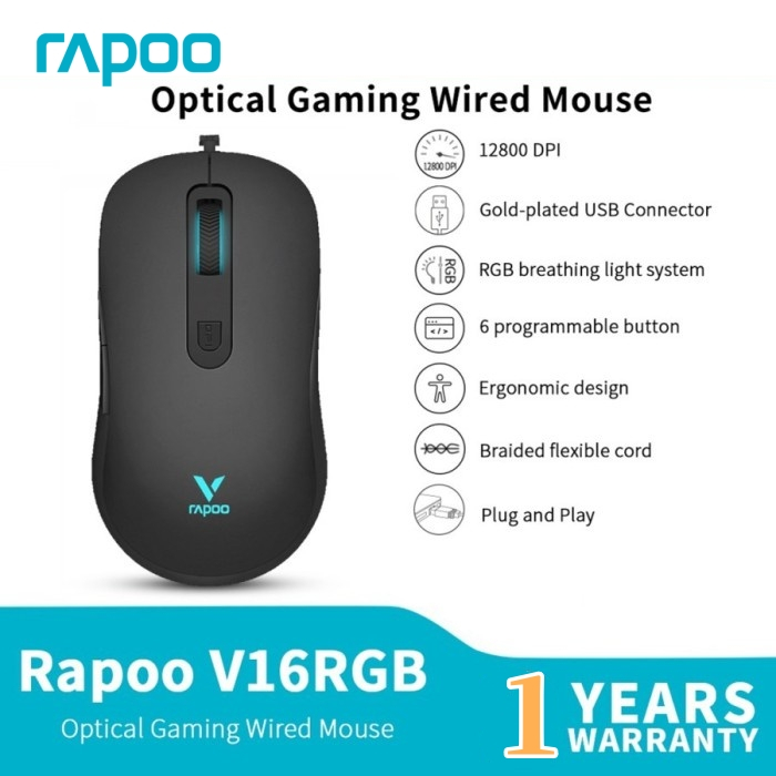 Rapoo V16RGB Optical Gaming Wired Mouse With 12800DPI Designed for ...