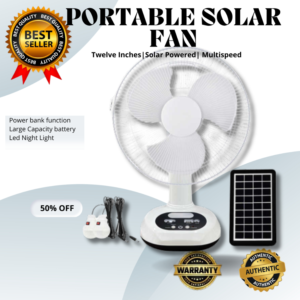 Solar Powered Fan 12-inches Desktop Fan Outdoor Camping Home Fan Night ...