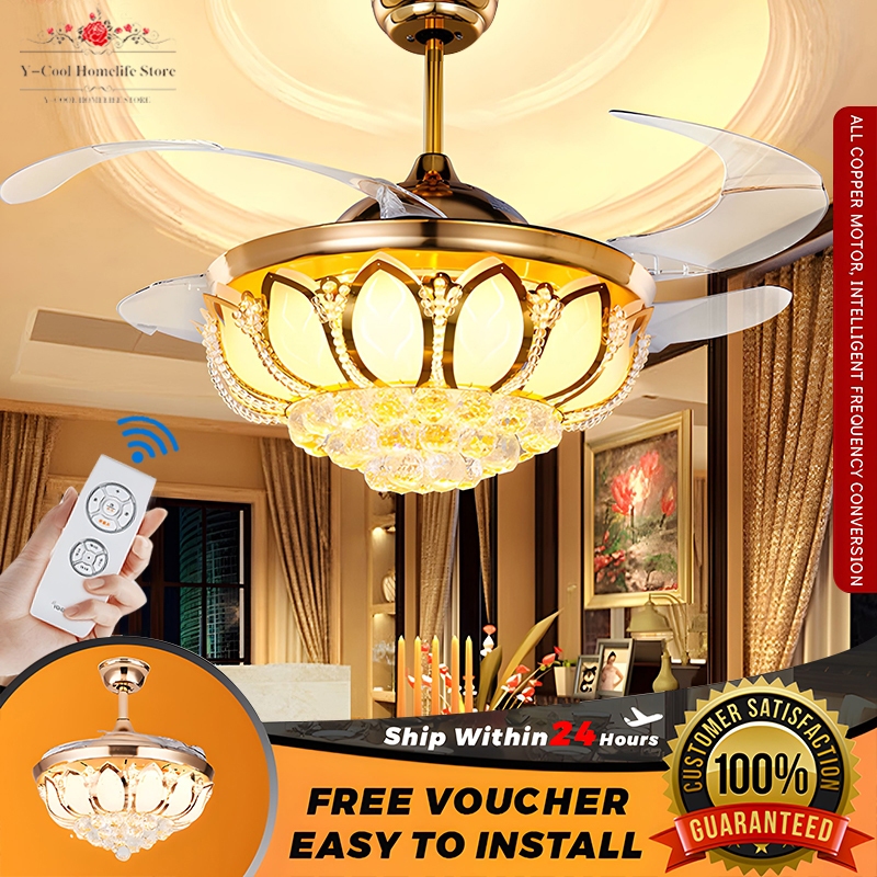 Crystal ceiling fan light big size asahi 3 lights invisible chandelier ...