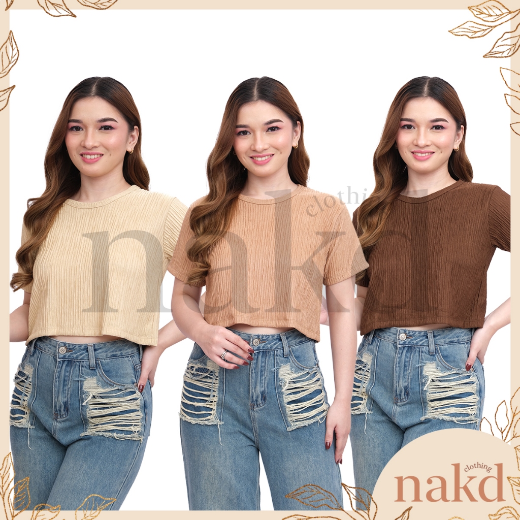 NAKD FASHION DREA BASIC CASUAL ROUND NECK COMFY BARK CREPE SEMI CROP ...
