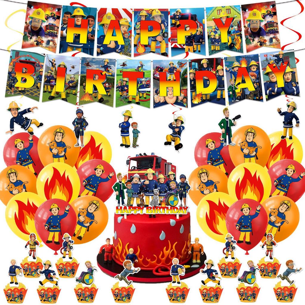YP FIREMAN SAM Happy Birthday Banner Decoration Set Paper Cake Topper ...