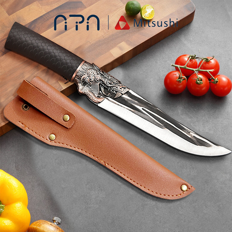 Nipiin Stainless Steel Kitchen Knife With Leather Case Japanese Dragon ...