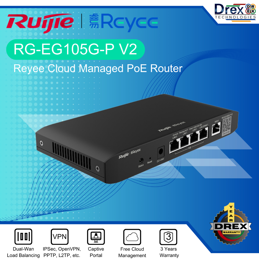 RUIJIE/REYEE (RG-EG105G-P V2) 5-Port Gigabit Cloud Managed Router with 4 PoE/POE+ Ports with 54W ...